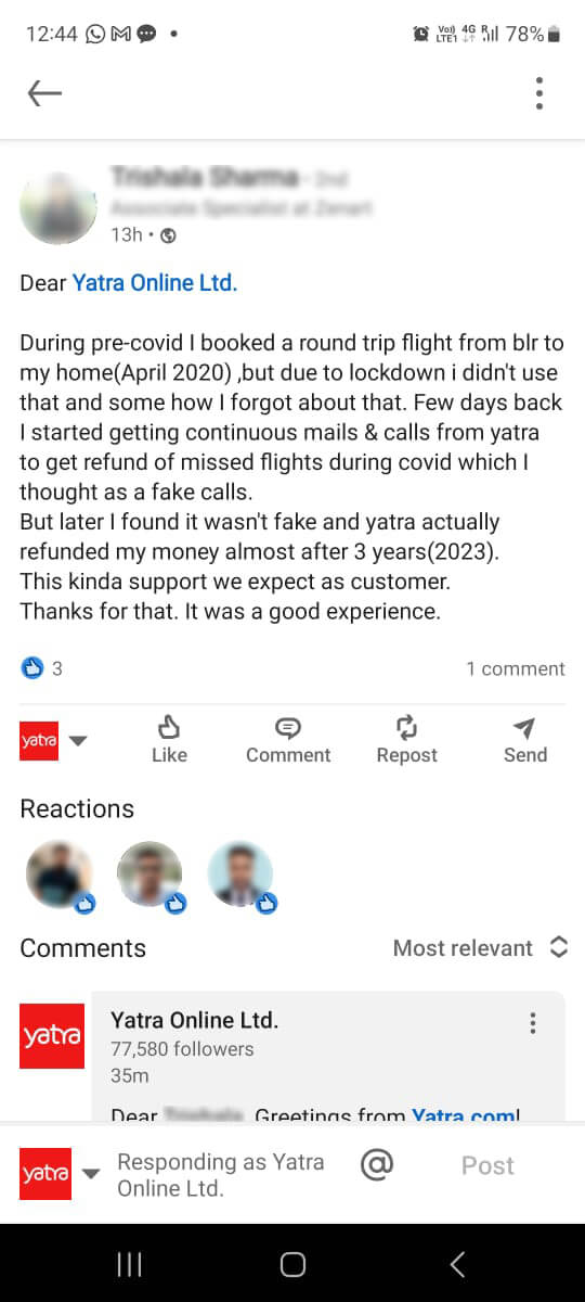 Claim Refund Testimonials - Yatra.com